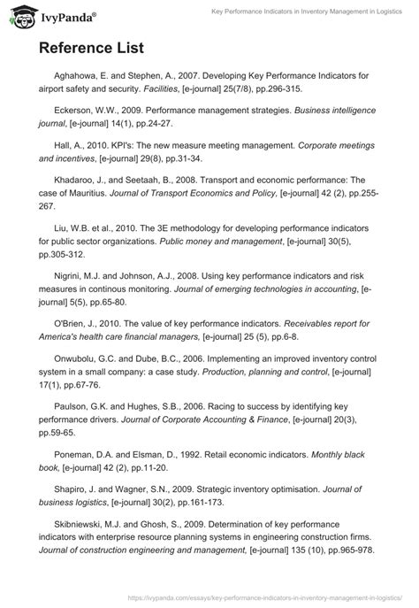 Key Performance Indicators In Inventory Management In Logistics 1644 Words Coursework Example