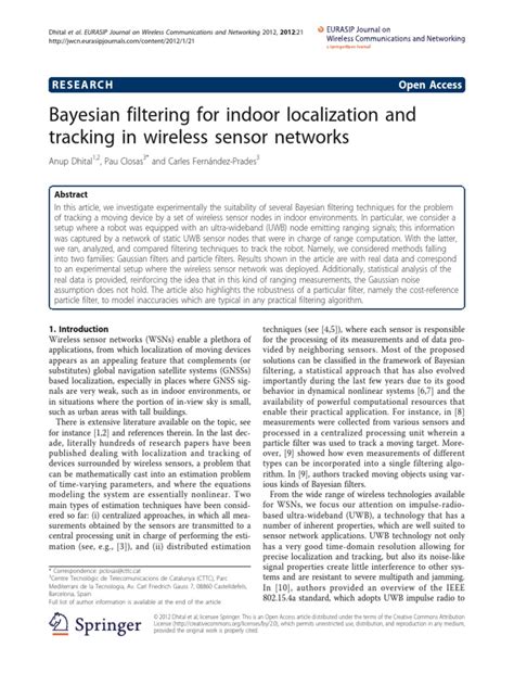 Bayesian Filtering For Indoor Localization And Tracking In Wireless Sensor Networks Pdf