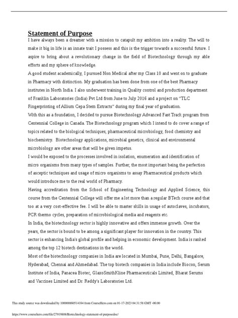 Biotechnology Statement Of Purpose Pdf Biotechnology Science