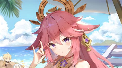 Hot Anime Girl Yea Miko In Bikini At Beach Genshin Impact 2K Wallpaper Download