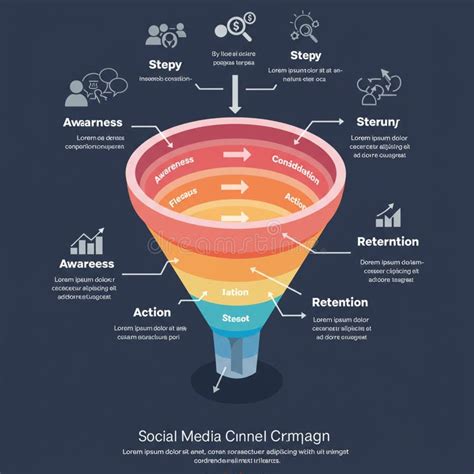 3d Funnel Diagram Illustrating A Social Media Campaign Process The