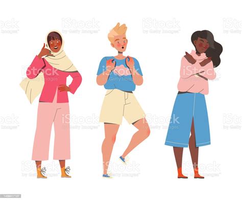 남자와 여자 캐릭터는 신체 언어 벡터 세트로 감정을 표현하는 손 제스처를 보여줍니다 감정에 대한 스톡 벡터 아트 및 기타 이미지 감정 거절 금지됨 Istock