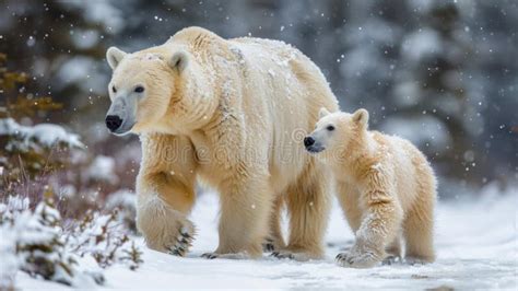 A Large Polar Bear And Cub Walking Through Snow Covered Forest Ai