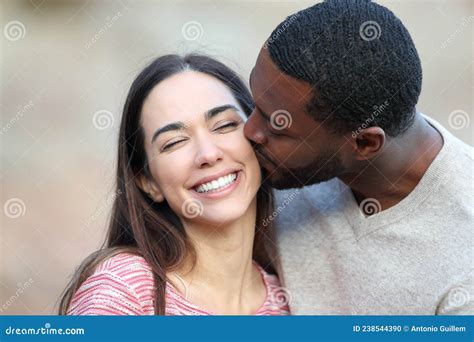 Man With Black Skin Kissing On Cheek A Beauty Woman Stock Photo Image Of Afro Female