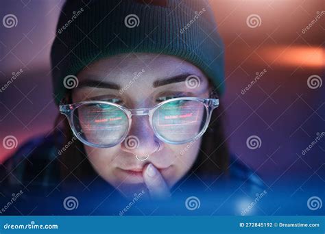 Cyber Security Ransomware And Woman Hacker Working On A Computer In The Basement At Night For