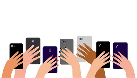 휴대 전화로 다문화 사람들의 손 남성과 여성의 그룹은 스마트 폰에서 사진 동영상을 촬영합니다 흥미롭고 밝고 충격적이고 기억에 남는 사건 사건의 기록 벡터 개념에 대한 스톡