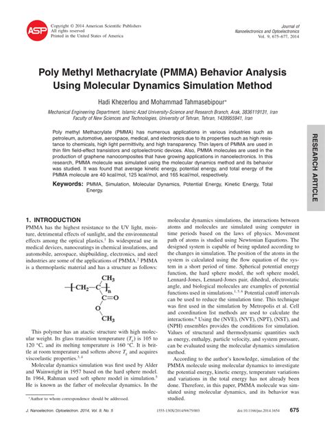 Pdf Poly Methyl Methacrylate Pmma Behavior Analysis Using Molecular Dynamics Simulation Method