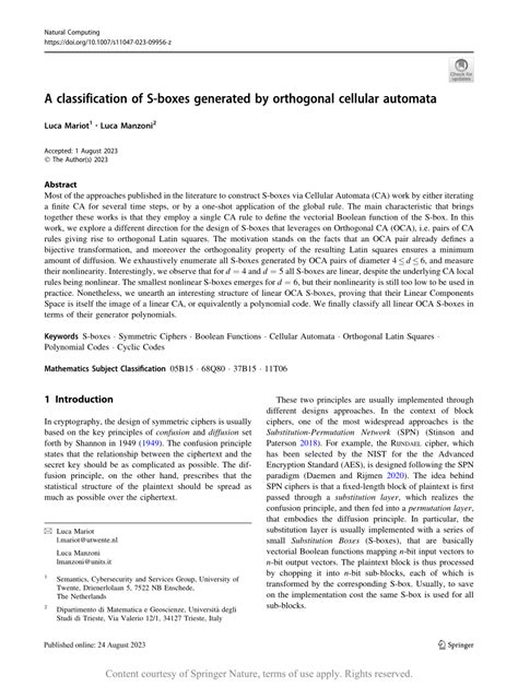 Pdf A Classification Of S Boxes Generated By Orthogonal Cellular Automata