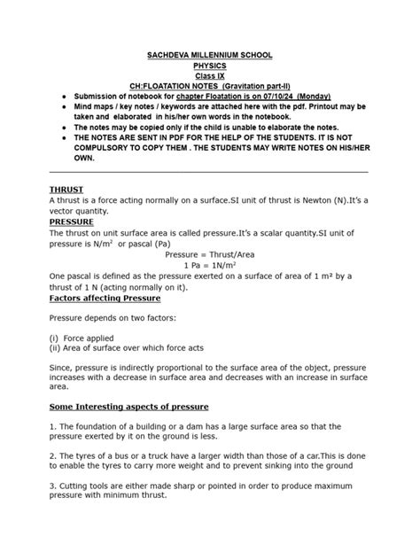 Physics Floatation Notes Class Ix Pdf Buoyancy Pressure