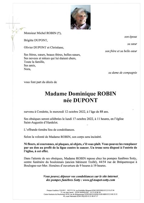 Madame Dominique Robin Pompes Funèbres Toupet Sotty