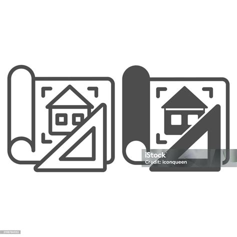 프로젝트 드로잉 라인과 솔리드 아이콘 건설 계획 개념 벡터 그래픽 흰색 배경에 눈금자 기호가 있는 종이 집 프로젝트 모바일 또는 웹 디자인용 윤곽선 스타일 아이콘 개발에