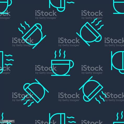 녹색 라인 커피 컵 아이콘 은 파란색 배경에 원활한 패턴을 격리 차 컵 뜨거운 음료 커피 벡터 일러스트레이션 경영자에 대한 스톡