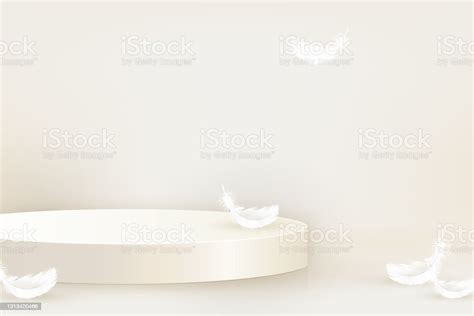 둥근 모양 3d 무대 연단 모형 과 깃털 에 깃털 베이 지 컬러 배경 용 화장품 및 제품 디스플레이 벡터 일러스트 부드러움에 대한 스톡 벡터 아트 및 기타 이미지 Istock