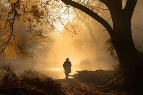 Premium AI Image Man Walking In Foggy Autumn Landscape