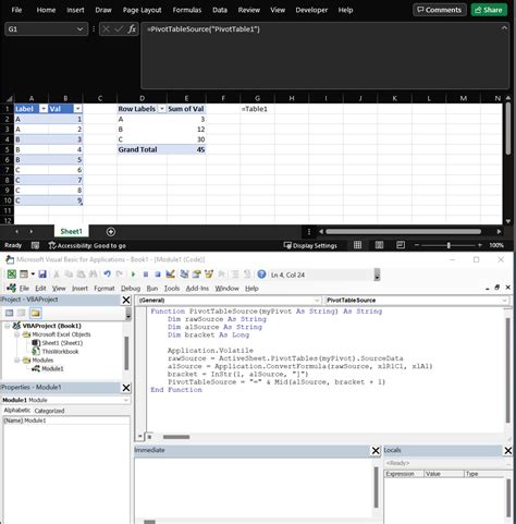 Vba Display Excel Pivottable Data Source As Cell Value Stack Overflow
