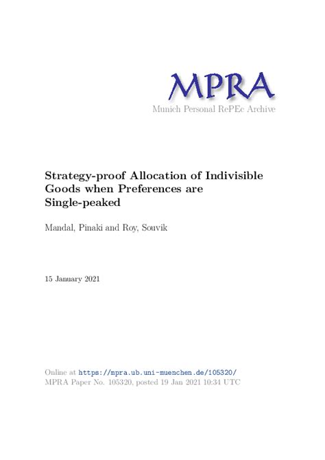 Pdf Strategy Proof Allocation Of Indivisible Goods When Preferences Are Single Peaked