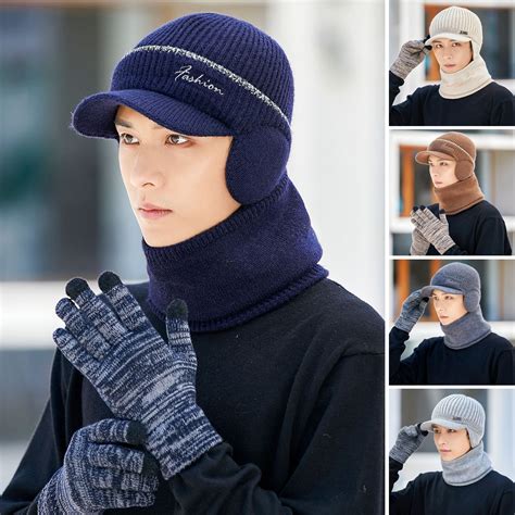 Ayyufe 1pc2pcs Wide Brim Striped Stitch Thick Hat Scarf Set Men Ear