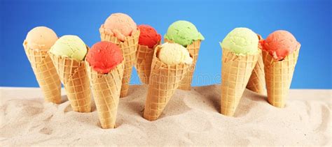 Set Of Ice Cream Scoops Of Different Colors And Flavours With Berries And Fruits Stock Photo