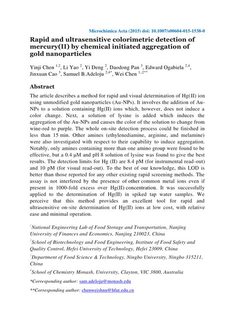 Pdf Rapid And Ultrasensitive Colorimetric Detection Of Mercury Ii By Chemically Initiated