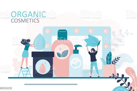 환경 친화적 인 제품에서 유기농 화장품을 만드는 사람들 여성 캐릭터는 천연 성분을 추가 개념에 대한 스톡 벡터 아트 및 기타