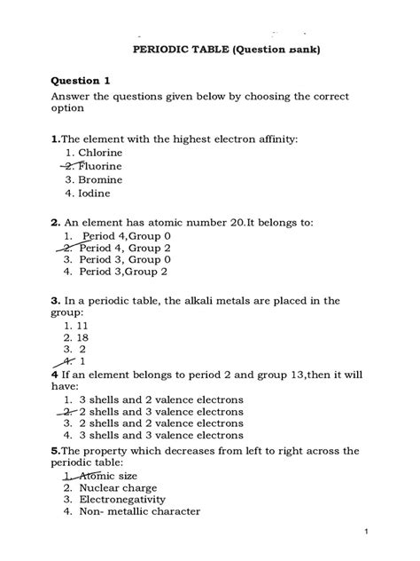 Periodic Table Questions Pdf Periodic Table Atomic