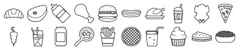 이 벡터 이미지는 다양한 패스트 푸드 항목을 나타내는 선형 아이콘의 모음입니다 0명에 대한 스톡 벡터 아트 및 기타 이미지