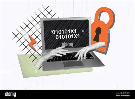 Creative Collage Poster Laptop Protection Cyber Security Data Defense Two Arms Reach Each Other