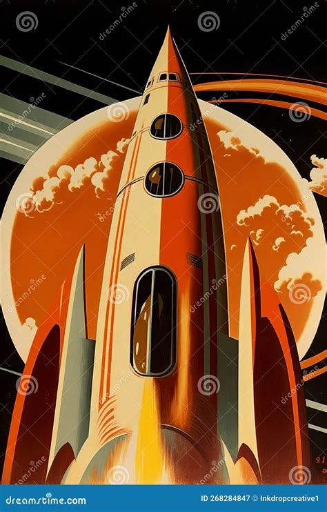 Space Rocket Blasting Into Outer Space Vintage Science Fiction Poster Stock Illustration