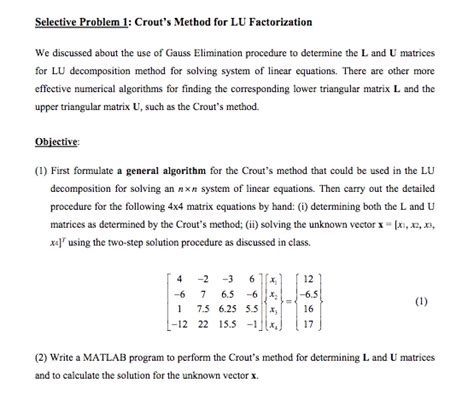 Solved Selective Problem 1 Crouts Method For Lu