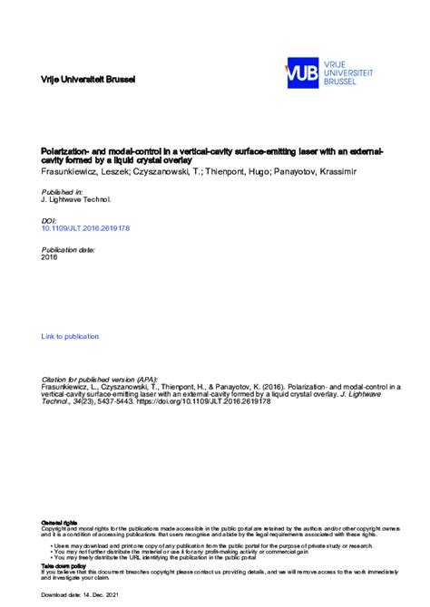 Pdf Polarization And Modal Control In A Vertical Cavity Surface