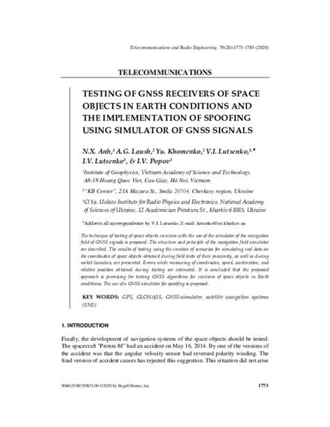 Pdf Testing Of Gnss Receivers Of Space Objects In Earth Conditions And The Implementation Of