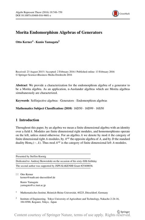 Morita Endomorphism Algebras Of Generators Request Pdf