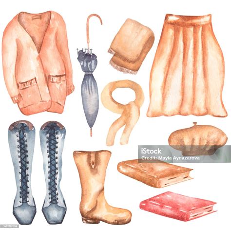 수채화 가을 옷 클립 아트 부츠 스커트 책 모자 우산 스카프 스웨터 손으로 그린 의류 세트 요소 그래픽 그림입니다 가을에 대한 스톡 벡터 아트 및 기타 이미지 Istock