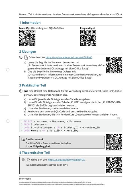 Arbeitsblatt Teil 4 Informationen In Einer Datenbank Verwalten Abfragen Und Verändern Sql