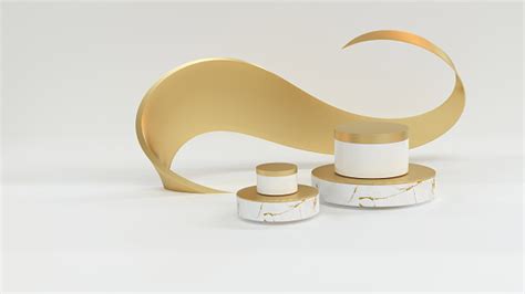 화장품 연단에 사실적인 크림 캔 골드 포디움이 있는 트렌디한 기하학적 화이트의 크림 젤 또는 파우더용 화장품 병 3d 렌더링 일러스트레이션 브랜드 표시 공간 로고 배너 빈