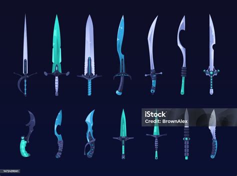 판타지 검 무기 중세 블레이드 나이프 세이버 레이피어 단검 만화 전사 Rpg 자산 요소의 전투 경쟁 세트 벡터 컬렉션 아이콘에
