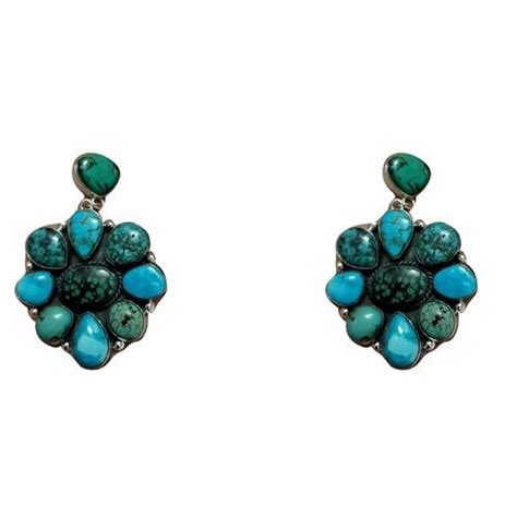 Women Floral 925 Sterling Silver Tibetan Turquoise Earrings 12gm At
