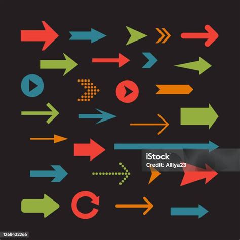 검은색 배경에 여러 가지 색상의 화살표가 격리되어 있습니다 다양한 모양의 화살표 아이콘 가리키기에 대한 스톡 벡터 아트 및 기타