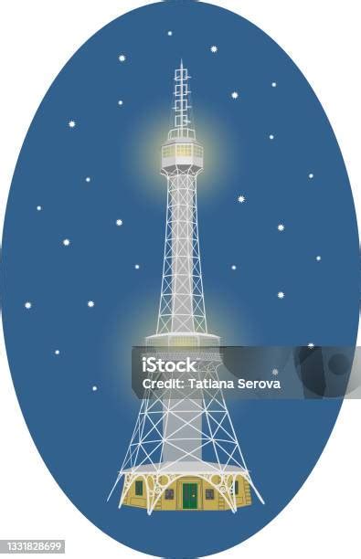 밤에 는 프라하 페트린 타워 조명 체코 관광 명소 명소 표지판 별과 어두운 푸른 밤 하늘에 노란색 을 조명 아르 데코 건물 유럽 여행 플랫 벡터 일러스트레이션 건물 외관에