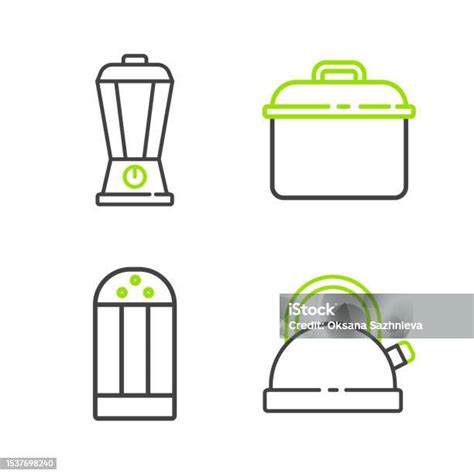 손잡이 소금 요리 냄비 및 블렌더 아이콘이 있는 라인 주전자를 설정합니다 벡터 강철에 대한 스톡 벡터 아트 및 기타 이미지 강철 금속 기계류 Istock