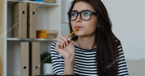 Sexy Pretty Businesswoman Wearing Nerd Glasses Holding Office Notepad