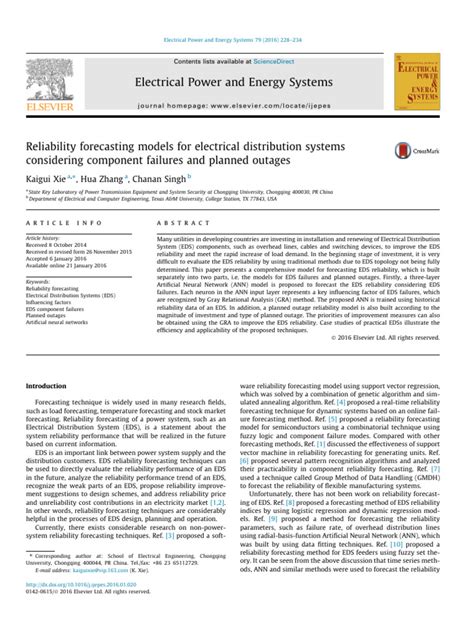 Reliability Forecasting Models For Electrical Distribution Systems