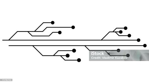 인쇄 회로 기판 Pcb는 흰색 배경에 분리되어 있습니다 끝에 선과 점이 있는 테크니컬 클립아트 디자인용 디바이더 디자인 요소입니다 Cpu에 대한 스톡 벡터 아트 및 기타