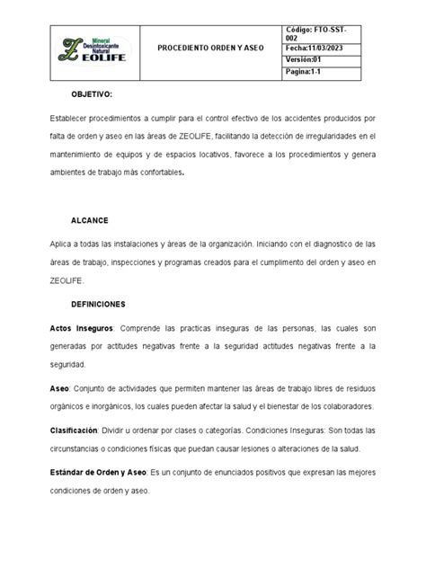 Procedimiento De Limpieza Y Desinfección Pdf Formaldehído Detergente