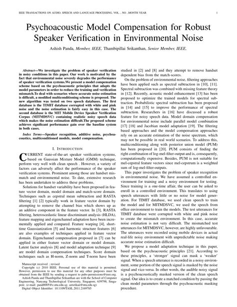 Pdf Psychoacoustic Model Compensation For Robust Speaker Verification