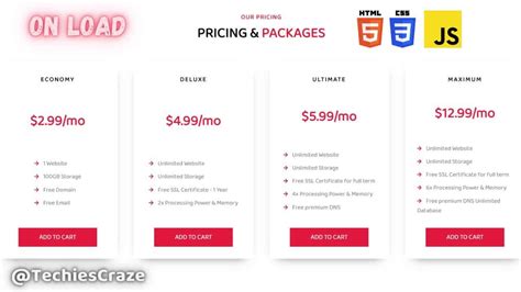 pricing cards with onload rotate effect using html css and javascript techiescraze dieno