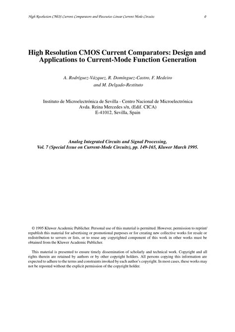 Pdf High Resolution Cmos Current Comparators Design And Applications To Current Mode Function