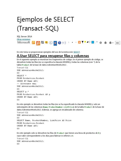Ejemplos De Select Sql Pdf Sql Servidor Sql De Microsoft