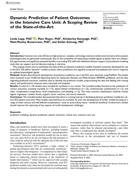 Pdf Dynamic Prediction Of Patient Outcomes In The Intensive Care Unit A Scoping Review Of The