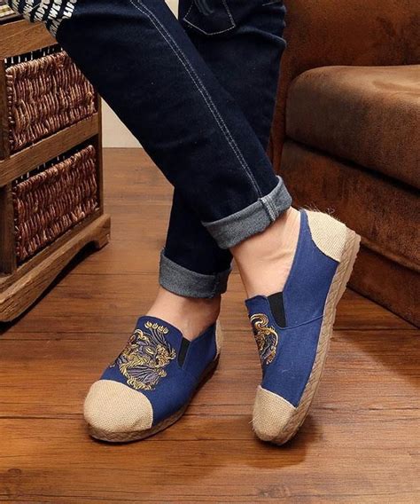Women Navy Embroideried Splicing Flat Shoes Cotton Linen Fabric